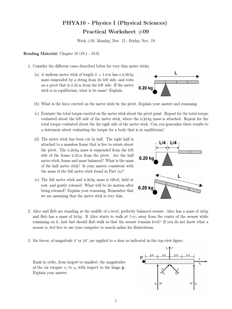 PHYA10 Physics I Practical Worksheet #09 | PDF | Force | Torque
