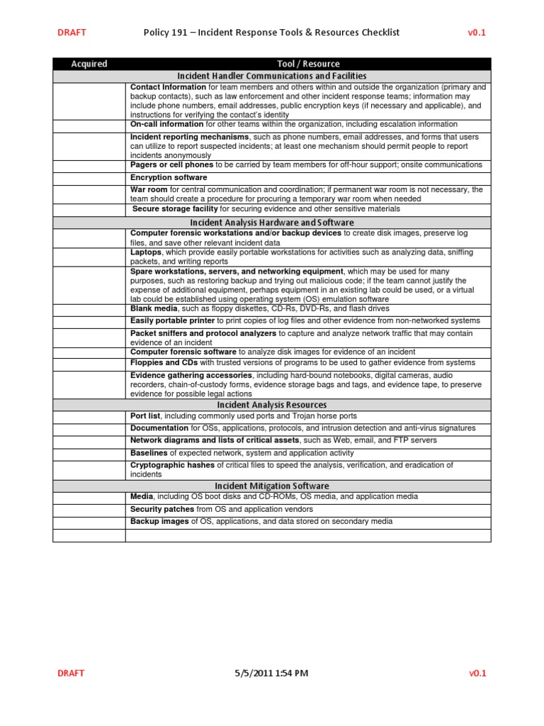 Draft v0.1: Policy 191 - Incident Response Tools & Resources Checklist ...