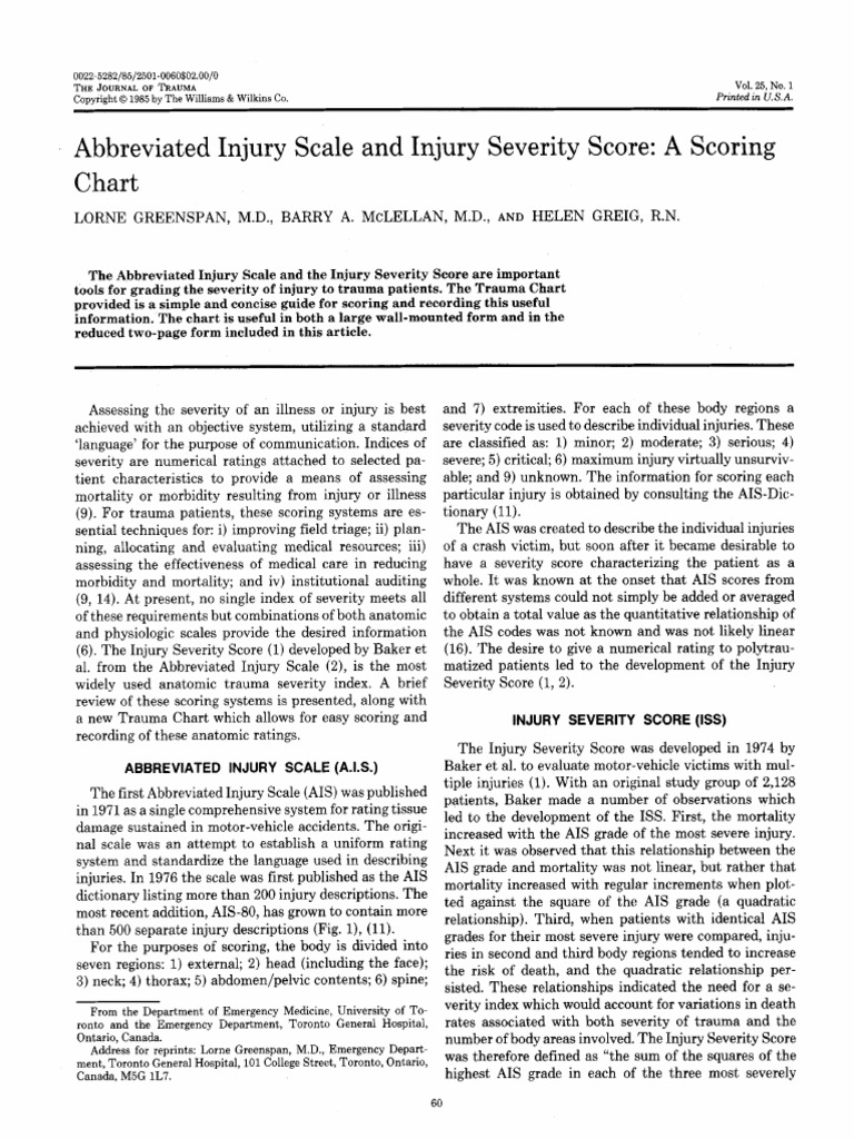 Abbreviated Injury Scale and Injury Severity Score A Scoring Chart ...