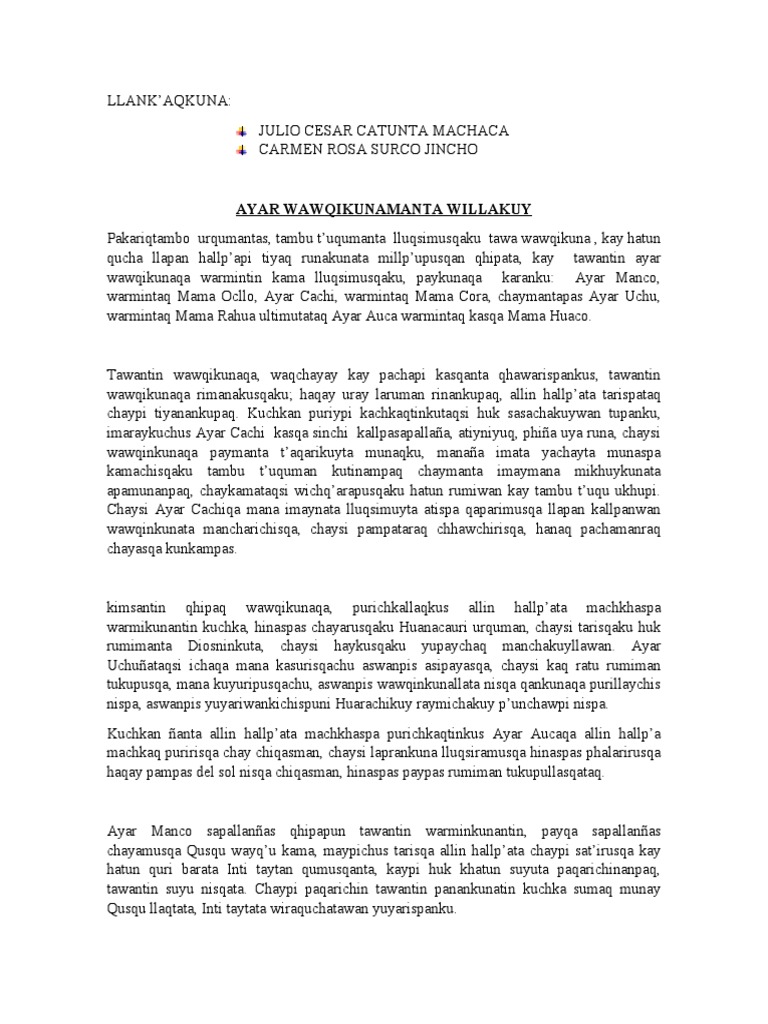 Leyenda de Los Hermanos Ayar | PDF