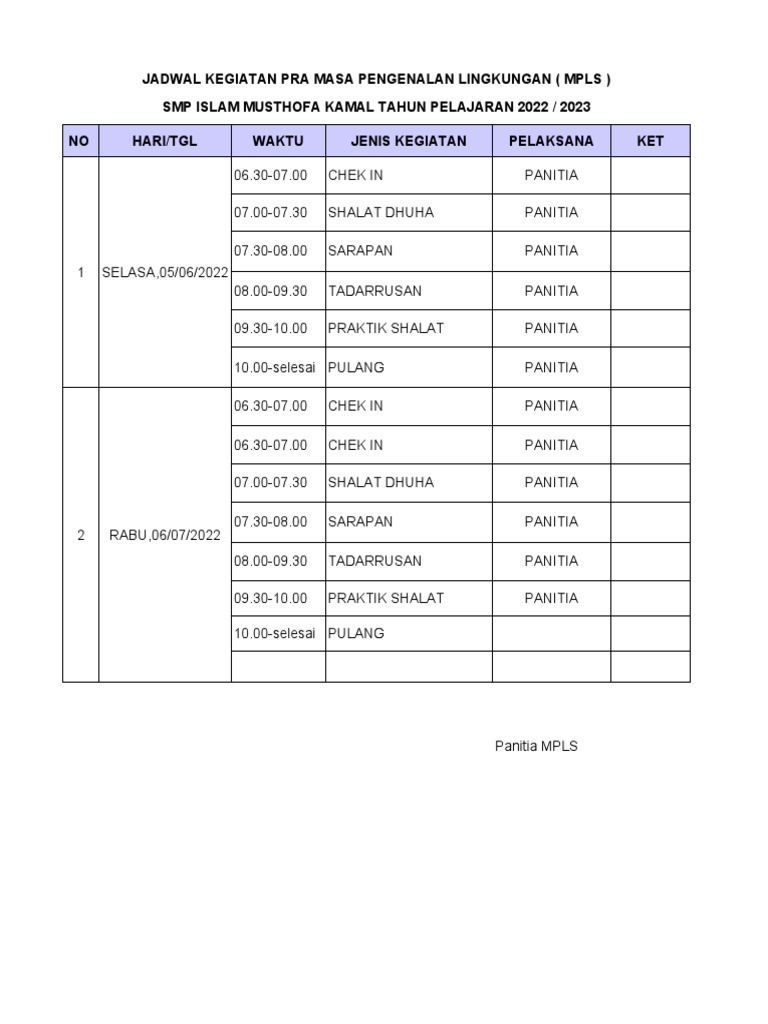 Schedule of Activities for the Introduction to the Environment Period (MPLS) at SMP Islam ...