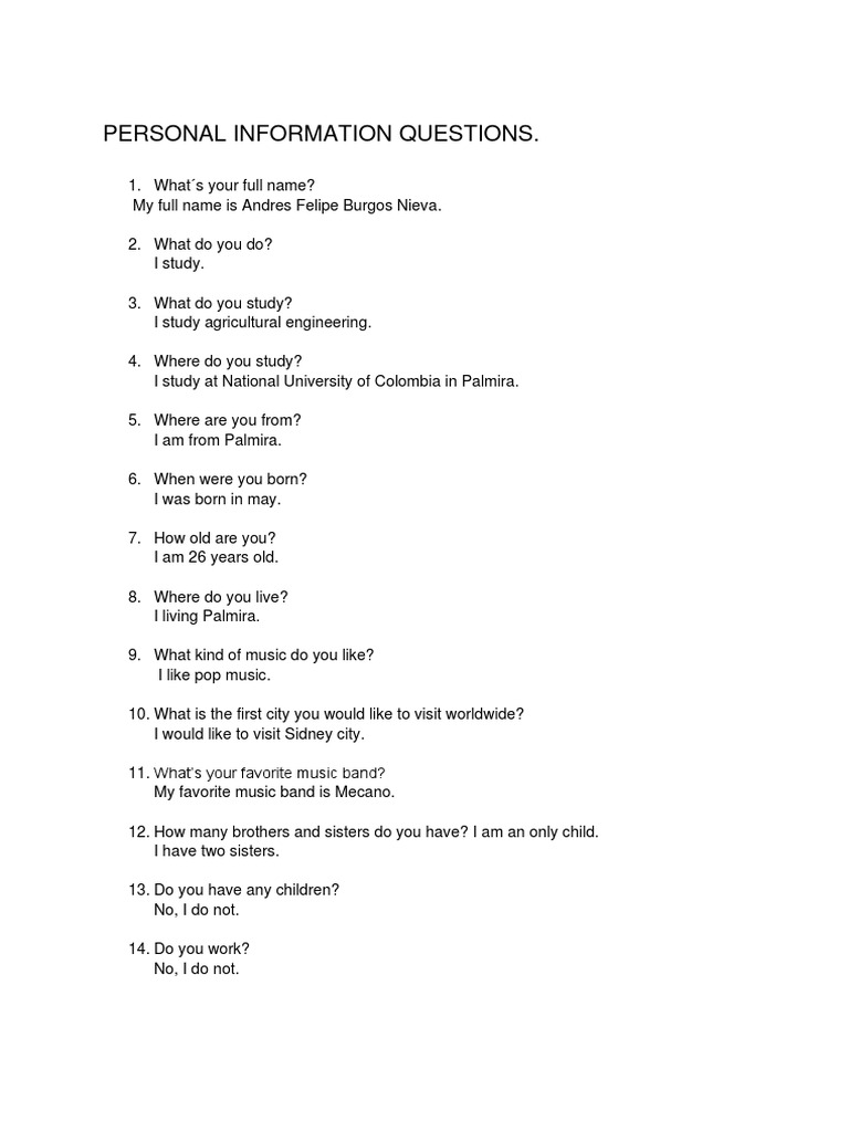 Personal Information Questions Review-Andres F Burgos Nieva | PDF