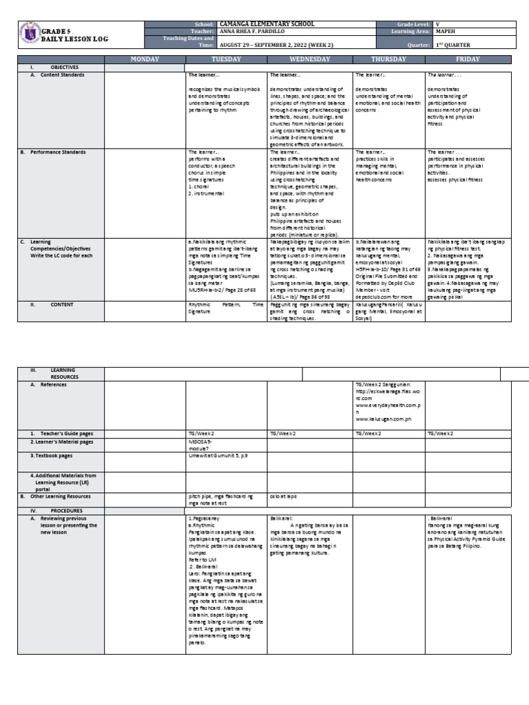 DLL - Mapeh 5 - Q1 - W2 | PDF | Learning | Behavior Modification