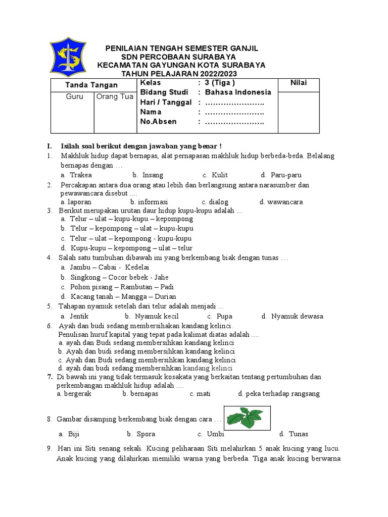 Pts B.indo Kelas 3 Semester 1 | PDF | Griya & Taman