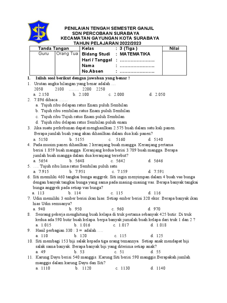 Pts MTK Kelas 3 Semester 1 | PDF | Griya & Taman
