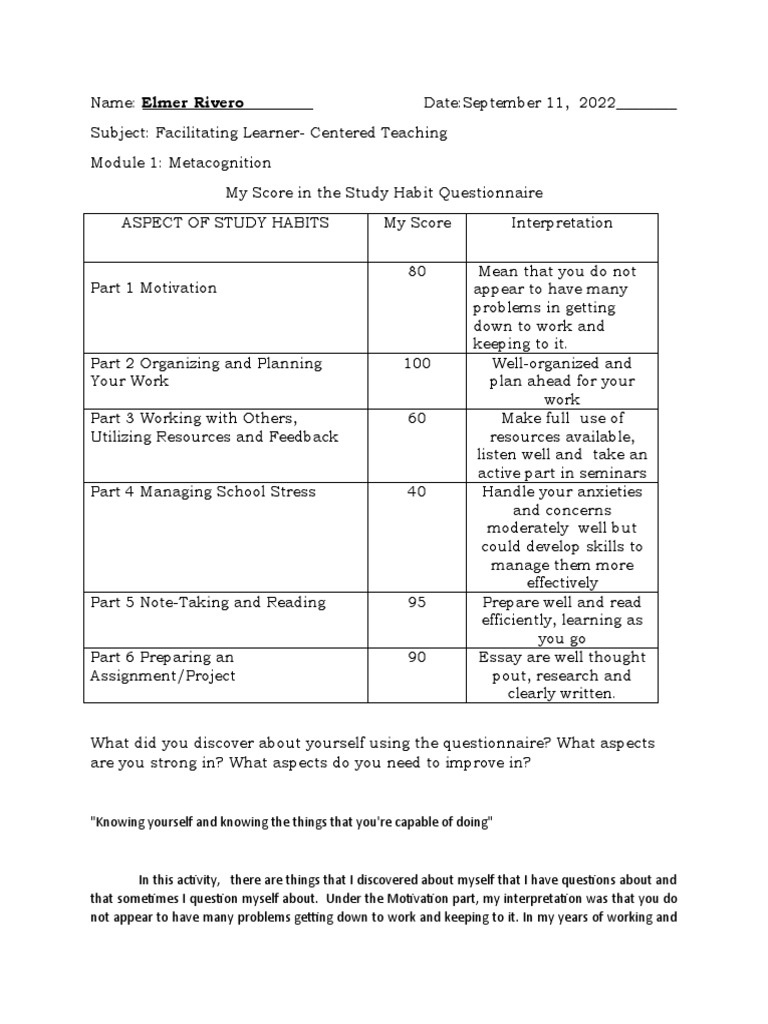 Output 1 My Score in The Study Habits Questionnaire | PDF ...