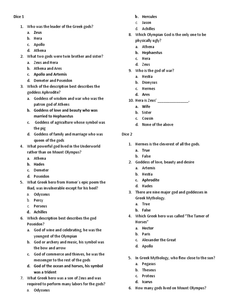 Dice Answers Key | PDF | Twelve Olympians | Hades