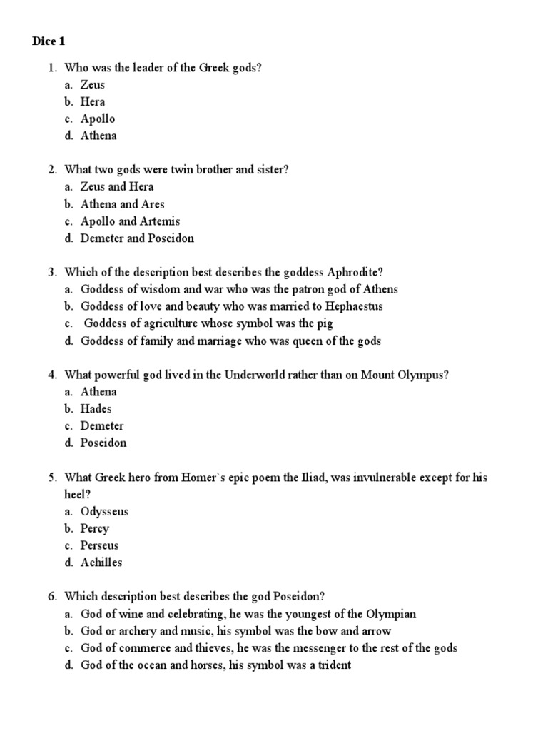 Dice Questions | PDF | Twelve Olympians | Hades