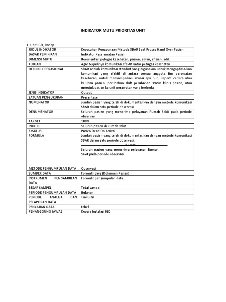INDIKATOR MUTU PRIORITAS UNIT Kepatuhan SBAR | PDF