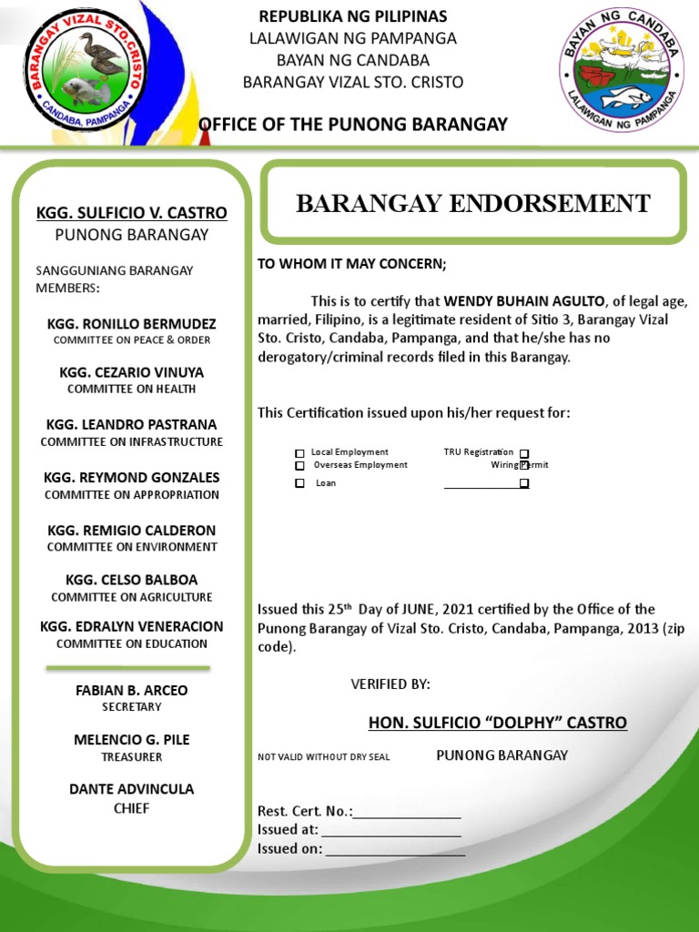 Barangay Endorsement | PDF