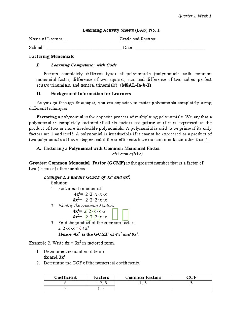 g8-q1-1 - Amabao-Paco, Nona Jane L. | PDF | Factorization | Polynomial