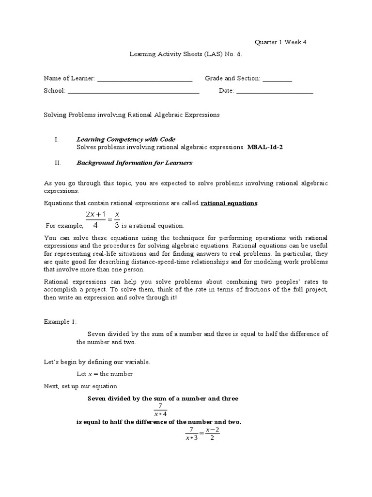 LAS Math Grade 8 Q1 Week 11 | PDF | Equations | Rational Number