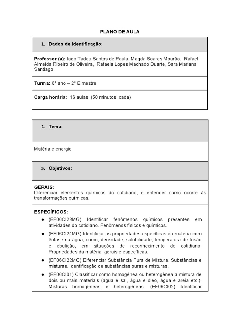PLANO DE AULA - Matéria e Energia Iago | PDF | Mistura | Química