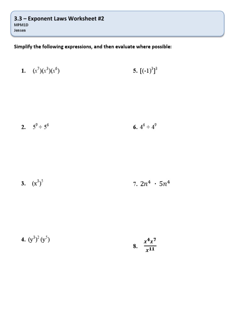 Exponent Laws Worksheet #2 Answers | PDF | Mathematics | Applied ...