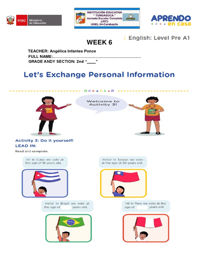 Week 6-Let's Exchange Personal information-Activity3-Pre A1 | PDF