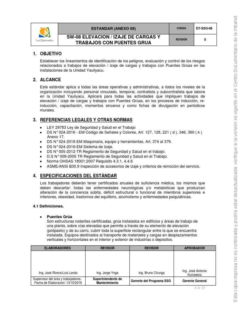 Ey-Sso-08 Sw-08 Estandar Elevacion - Izaje de Carga y Trabajo Con Gruas | PDF | Grúa (máquina ...