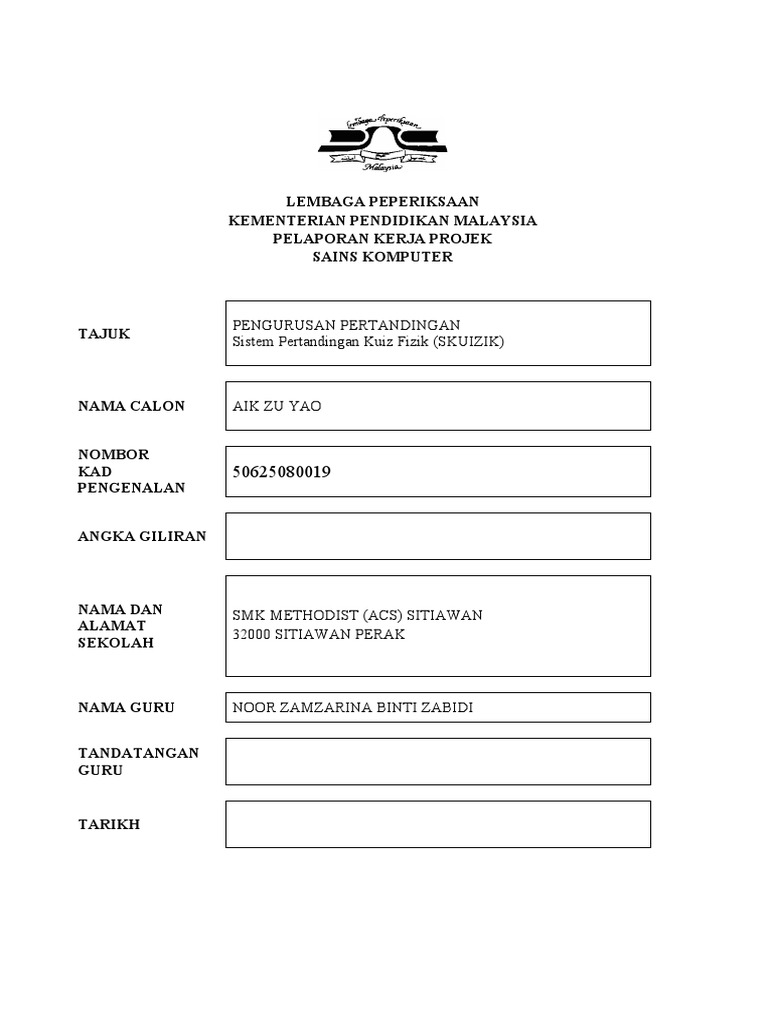 Cover Dokuentasi Kerja Kursus SK 2022 | PDF