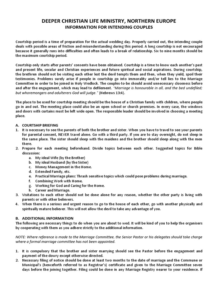 Deeper Life Info-For-Intending-Couples | PDF | Marriage | Wedding