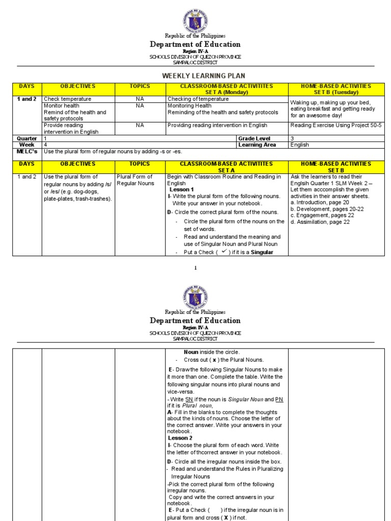 Q1 WLP WK4 2022 2023 Grade 3 | PDF | Plural | Grammatical Number