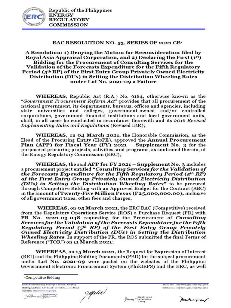 BAC Resolution No. 53-Denying MR RAAC and Declaring Failure of Bidding (Validation of Forecast ...