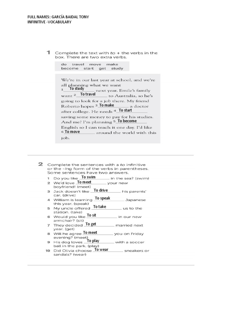 Infinitive - Vocabulary | PDF