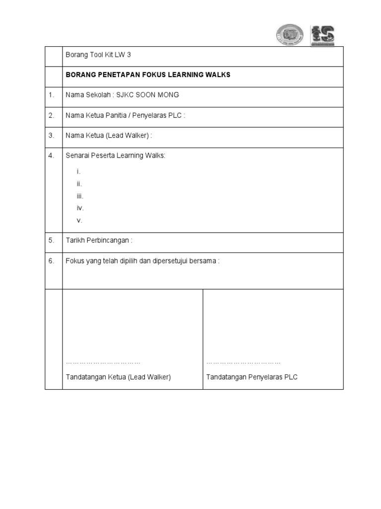 Borang Laporan PLC Learning Walks SJCK Soon Mong | PDF