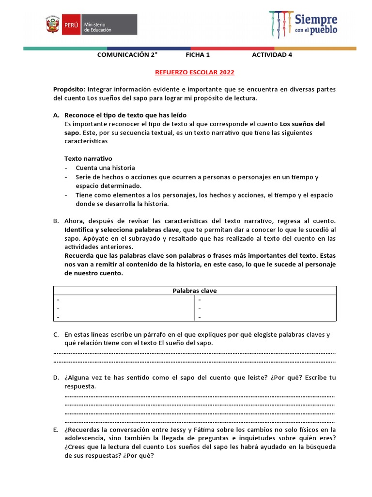 Refuerzo 2° Ficha 1 Actividad 4 | PDF | Narración | Cuentos