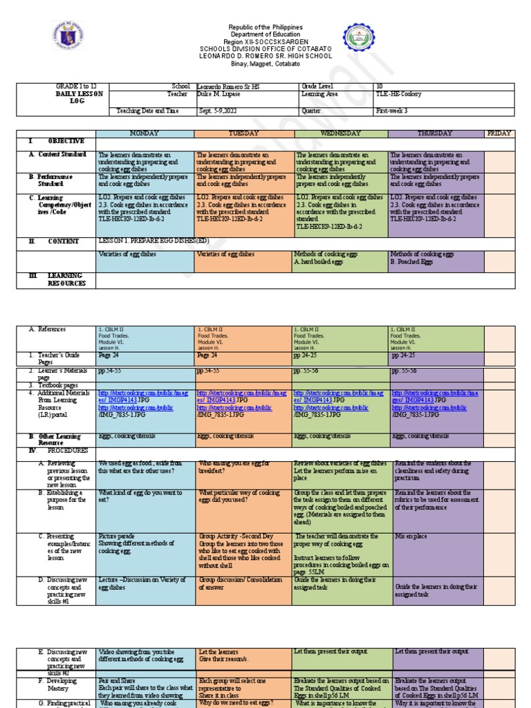 DLL Tle Cookery Grade10 Quarter1 Week3 Palawan Division | PDF ...