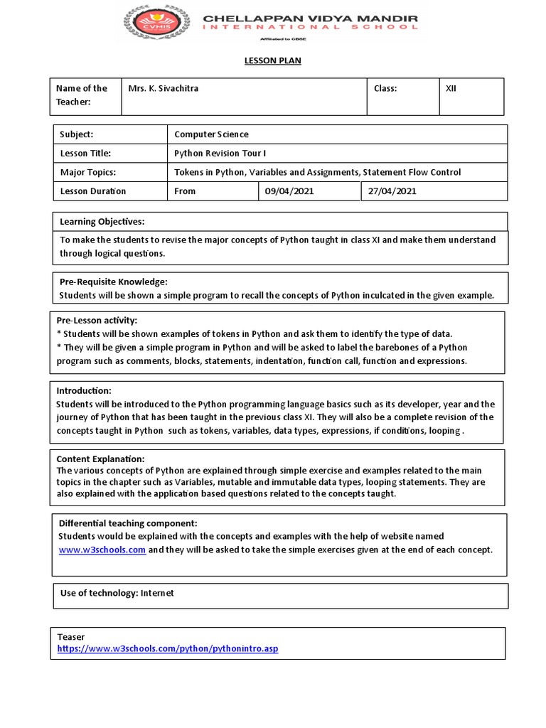 Lesson Plan - XII - Chapter 1 - Python Revision Tour I | PDF | Python ...