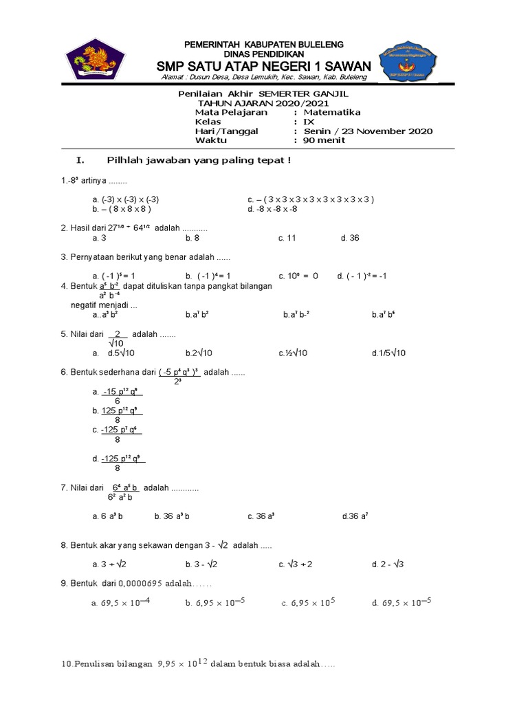Soal PAS MATEMATIKA Kls IX Ganjil 20 | PDF