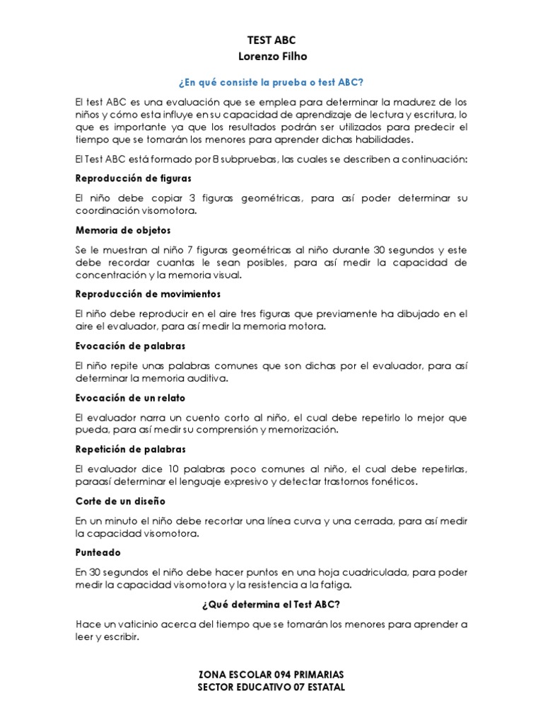 Orientaciones Metolodógicas Test Abc de Lorenzo Filho | PDF ...