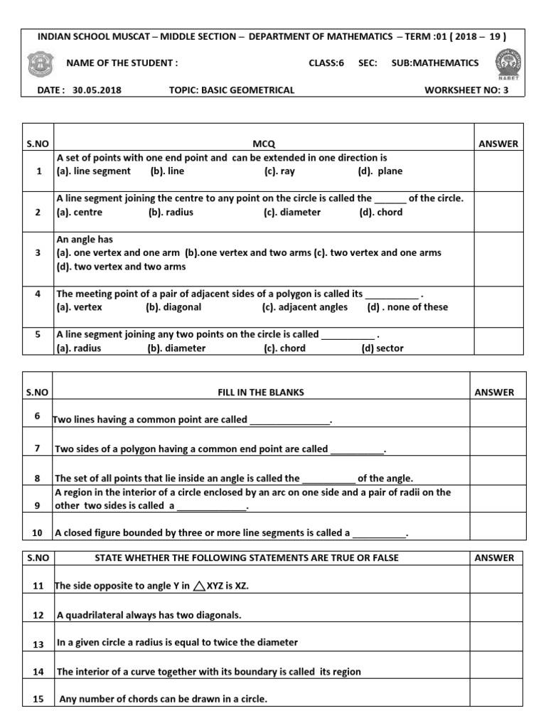 Class 6 Geometry Worksheet MCQs | PDF | Circle | Triangle