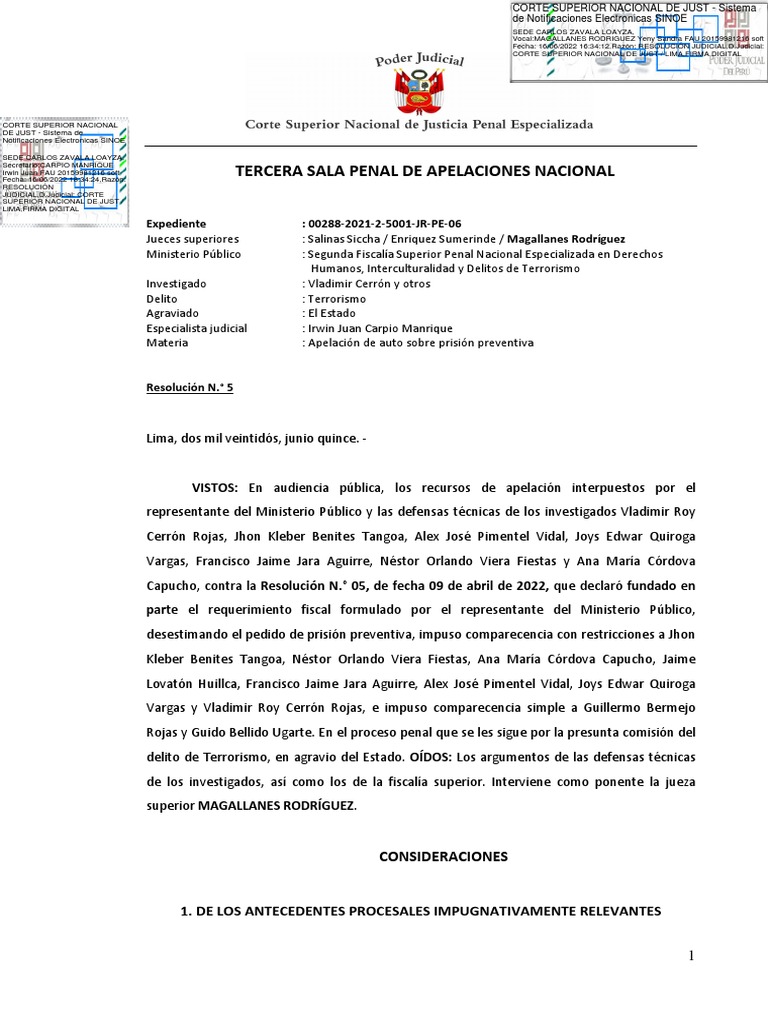 Tercera Sala Penal de Apelaciones Nacional: Expediente: 00288-2021-2 ...
