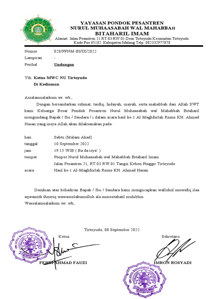 Undangan Haul ke-1 KH. Ahmad Hasan | PDF