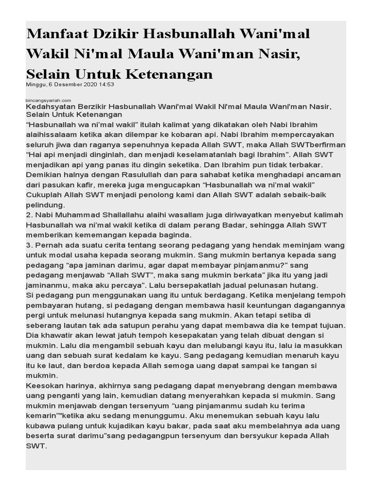 Manfaat Dzikir Hasbunallah Wani | PDF