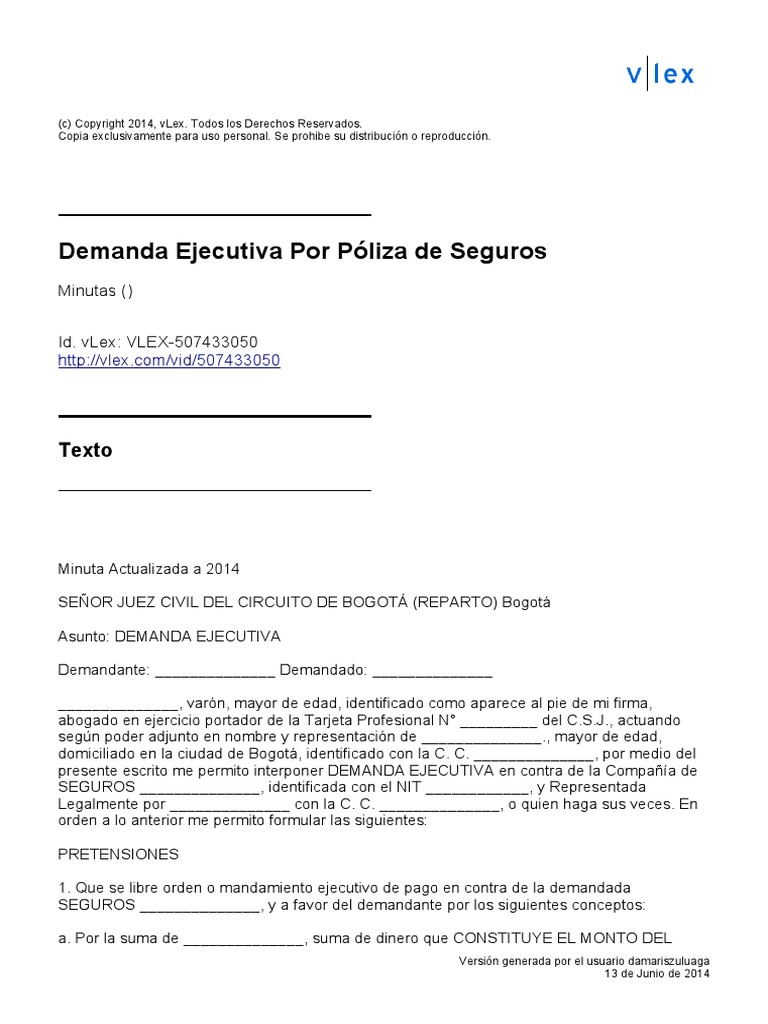 Demanda Ejecutiva Poliza de Seguros | PDF | Póliza de seguros | Demanda judicial