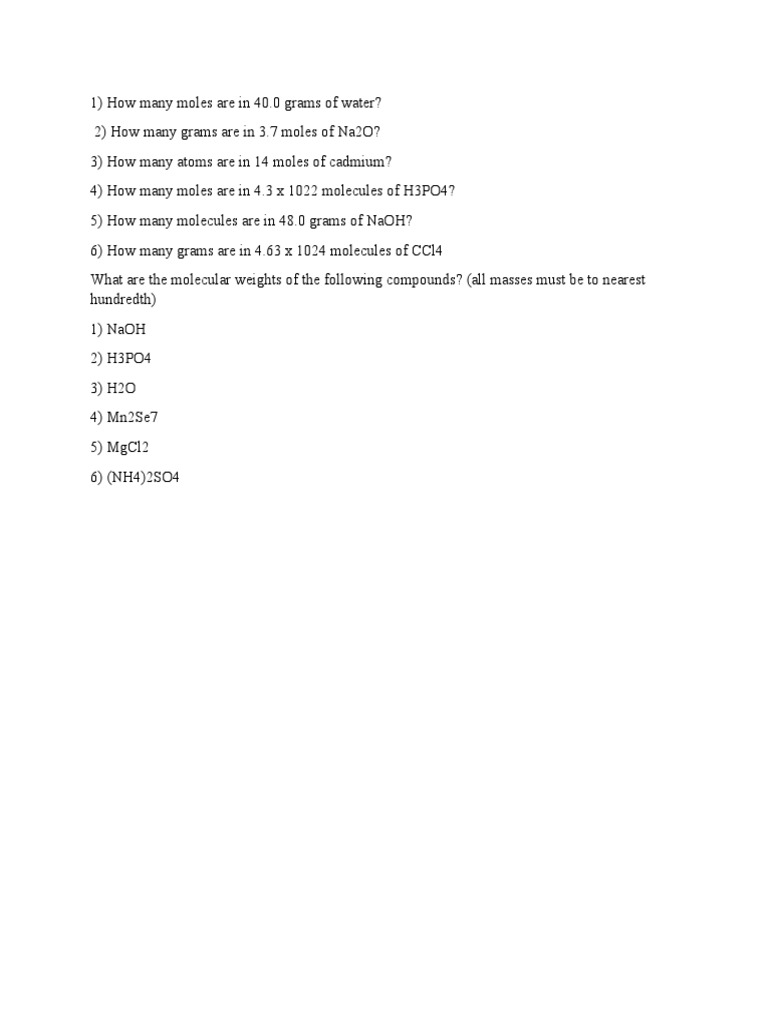 Mole Calculation Practice Worksheet | PDF