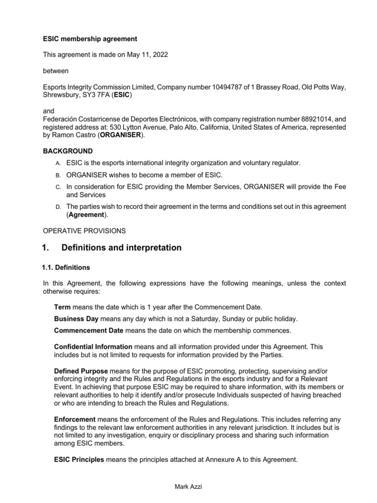 ESIC To Membership Agreement Template | PDF | Gambling | Privacy Policy