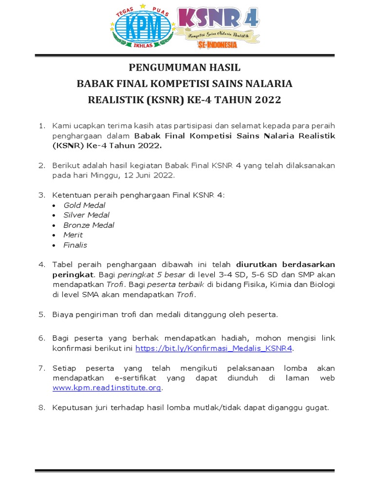 Hasil Babak Final KSNR Level 3-4 SD | PDF
