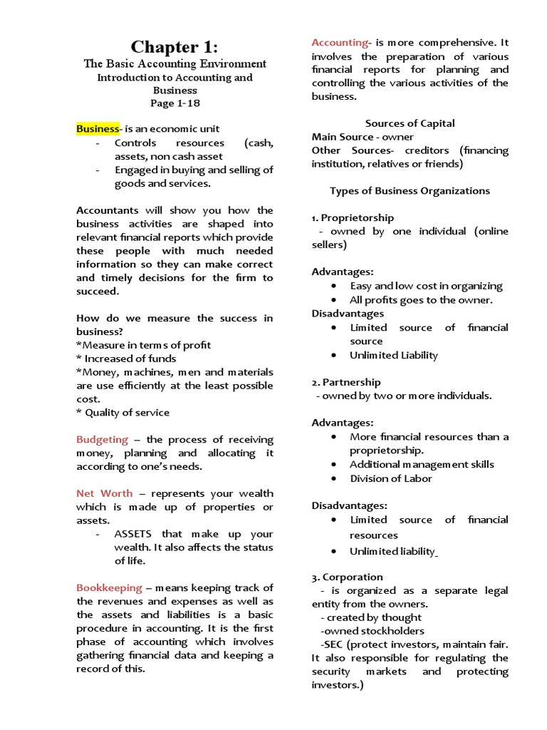 Chapter 1 Introduction To Accounting and Business Notes | PDF ...