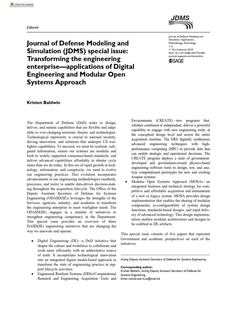 Journal of Defense Modeling and Simulation Special Issu - Transforming The Engineering ...