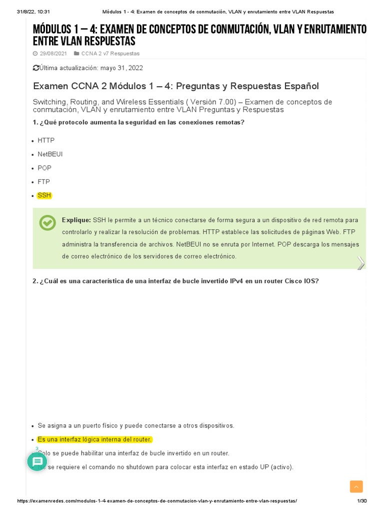 Módulos 1 - 4 - Examen de Conceptos de Conmutación, VLAN y Enrutamiento Entre VLAN Respuestas ...
