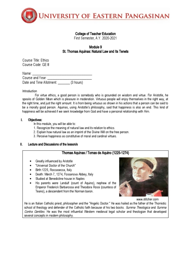 Module 9 St Thomas Aquinas Natural Law And Its Tenets Pdf Natural