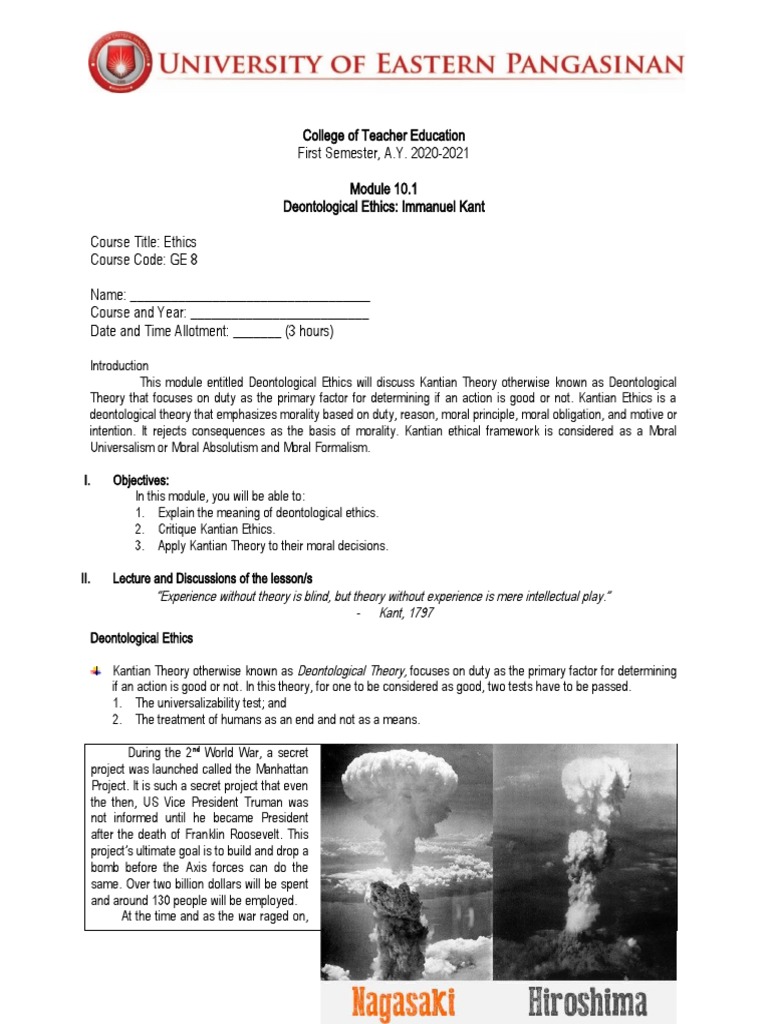 MODULE 10.1 Deontological Ethics Immanuel Kant | PDF | Immanuel Kant ...