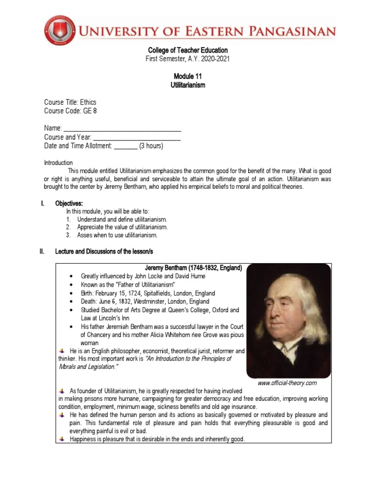 MODULE 11 Utilitarianism | PDF | Utilitarianism | Pleasure