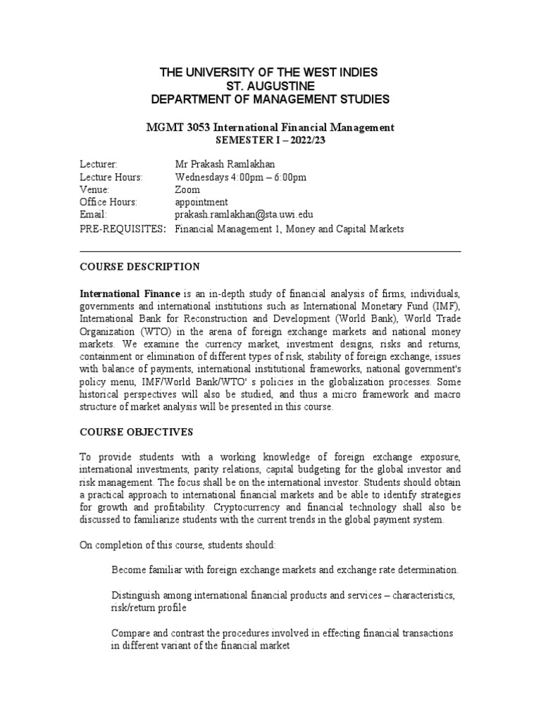 UWI MGMT 3053: Int'l Financial Management | PDF | Exchange Rate | Foreign Exchange Market