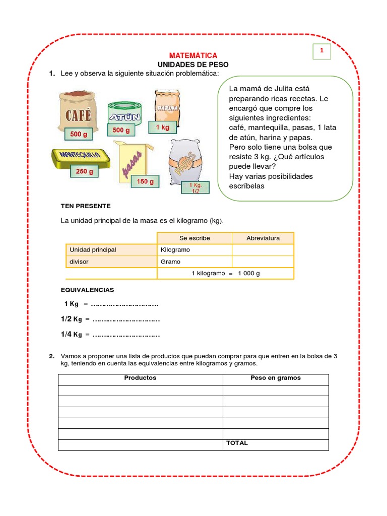 Matemática Unidades de Peso Comunidad-Ficha | PDF | Kilogramo | Masa