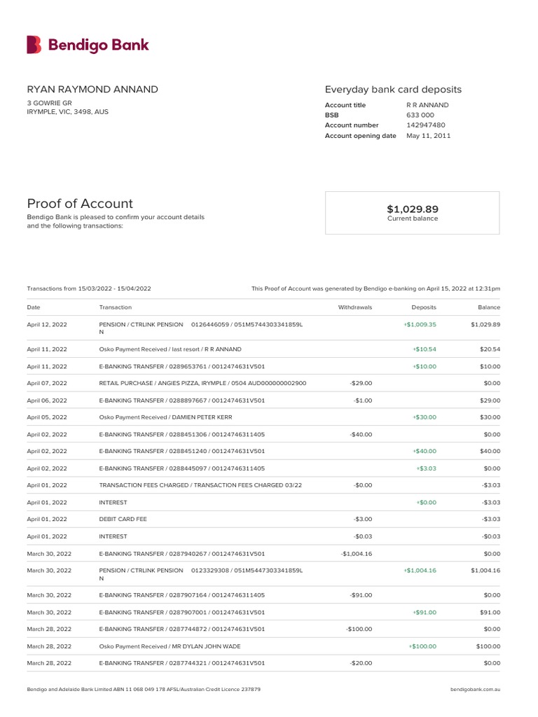 Proof of Account: Ryan Raymond Annand Everyday Bank Card Deposits | PDF ...