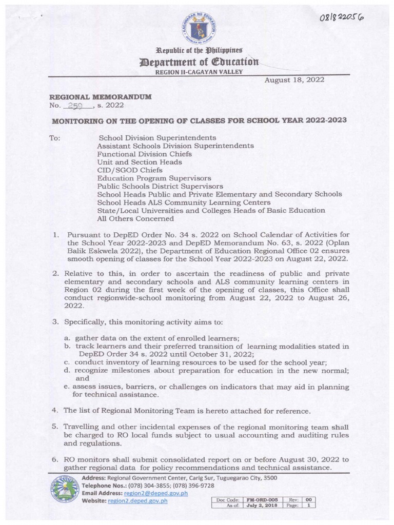 Monitoring On The Opening of Classes For The School Year 2022 2023 | PDF