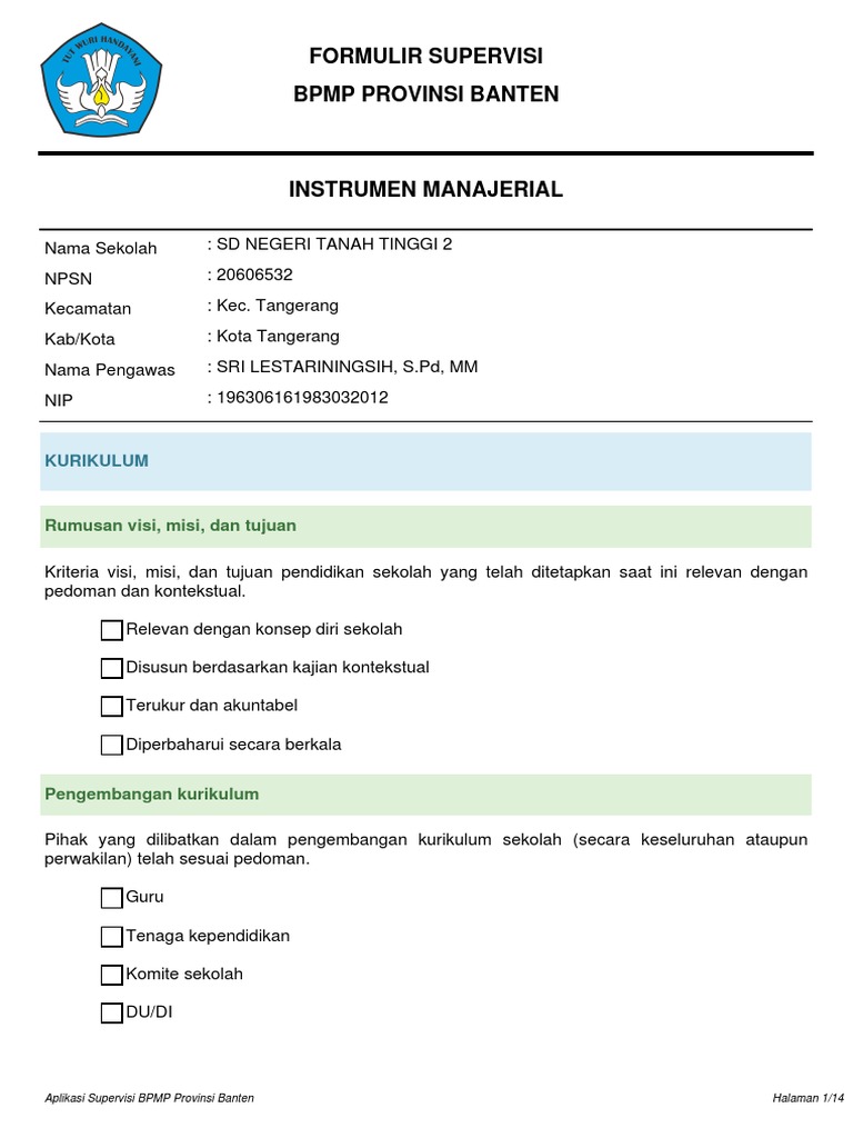 Formulir Supervisi BPMP Provinsi Banten: Kurikulum | PDF